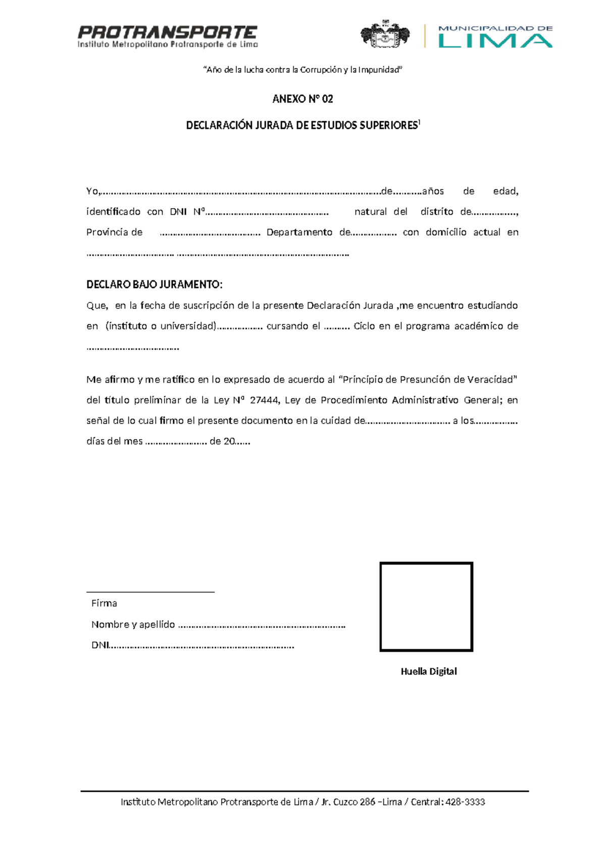 Anexo 02: Declaración Jurada de Estudios Superiores - Studocu