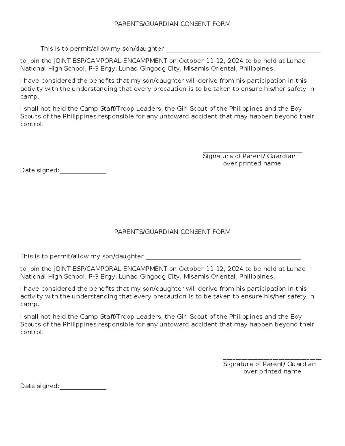 BSP - Parental Consent Form for Joint Camporal Encampment 2024 - Studocu