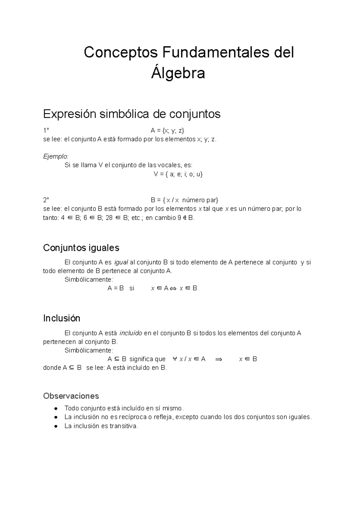Fundamentos del Álgebra: Expresión de Conjuntos y Su Inclusión - Studocu