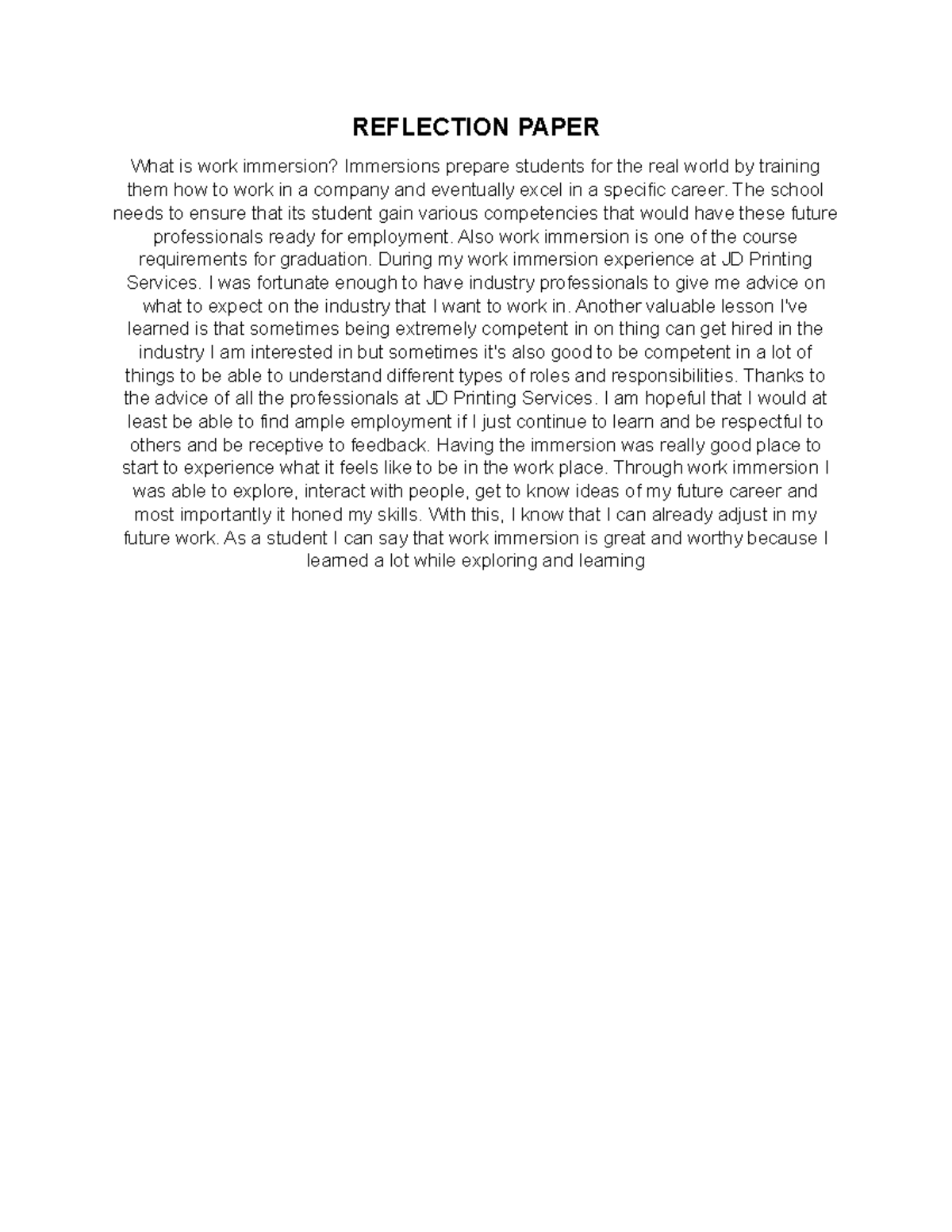 Reflection Paper - fgjfgjfgj - REFLECTION PAPER What is work immersion ...