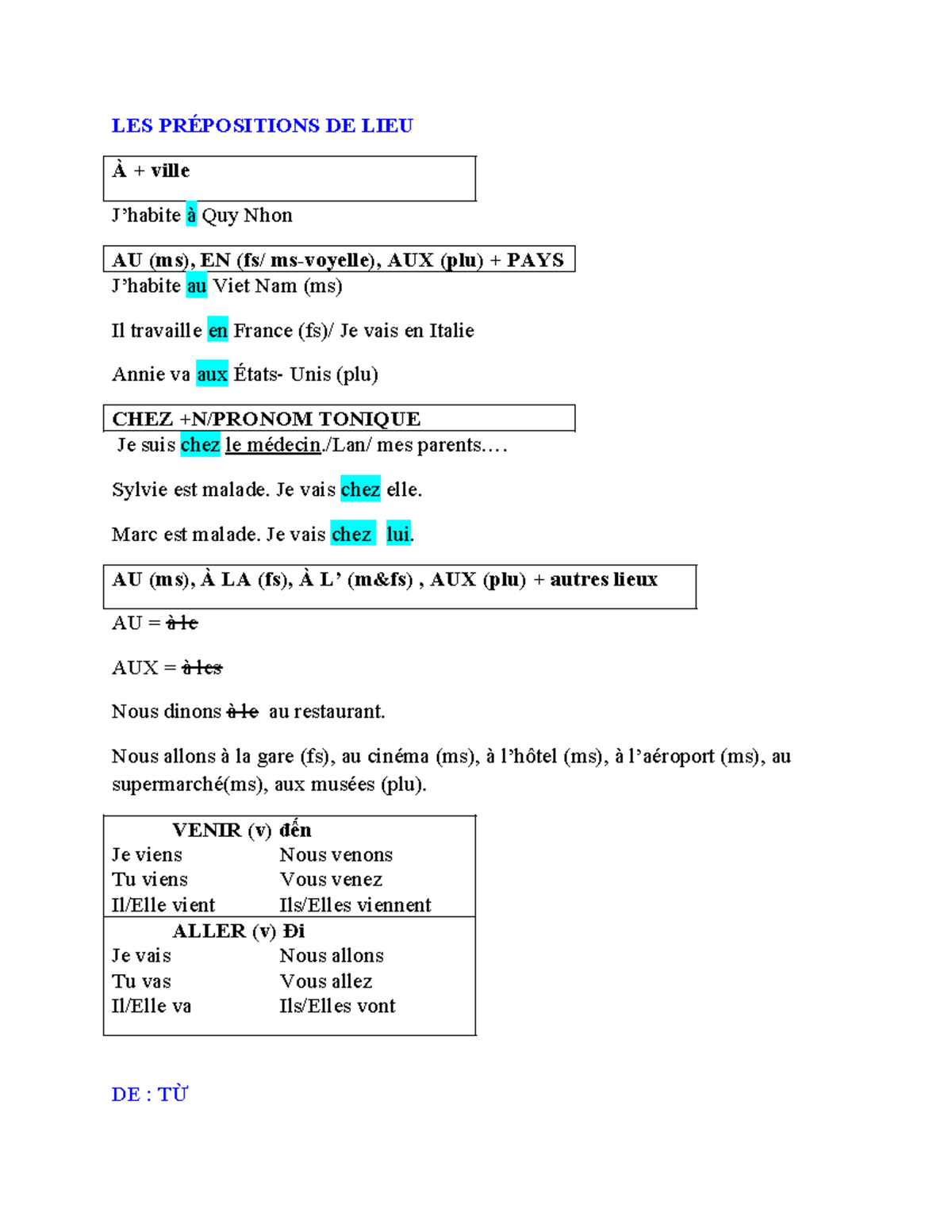 Zoom Leçon 5 - Prépositions de Lieu en Vietnamien - Studocu