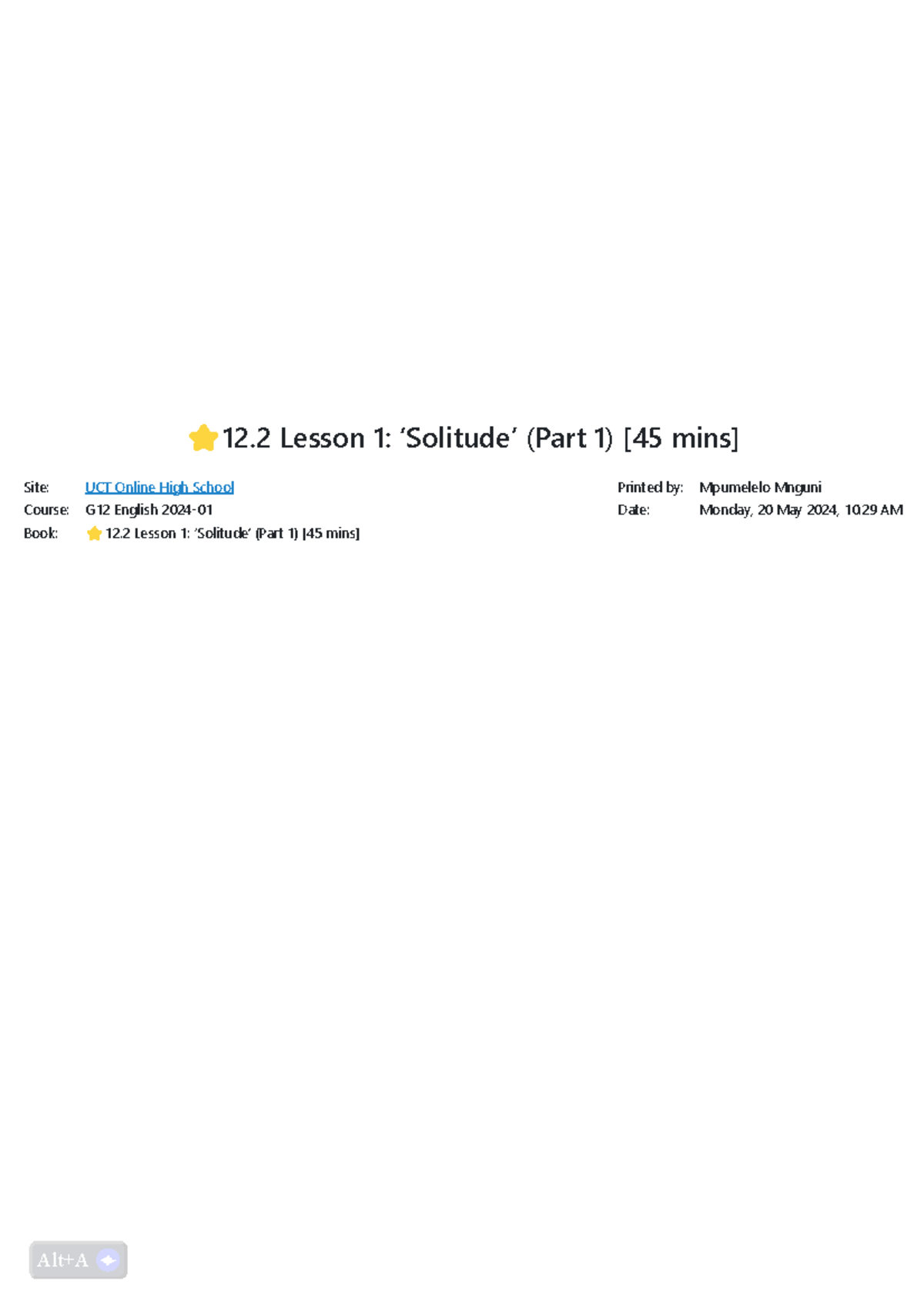 G12 English 2024 - Lesson 1: Analysis of the Poem 'Solitude' - Studocu