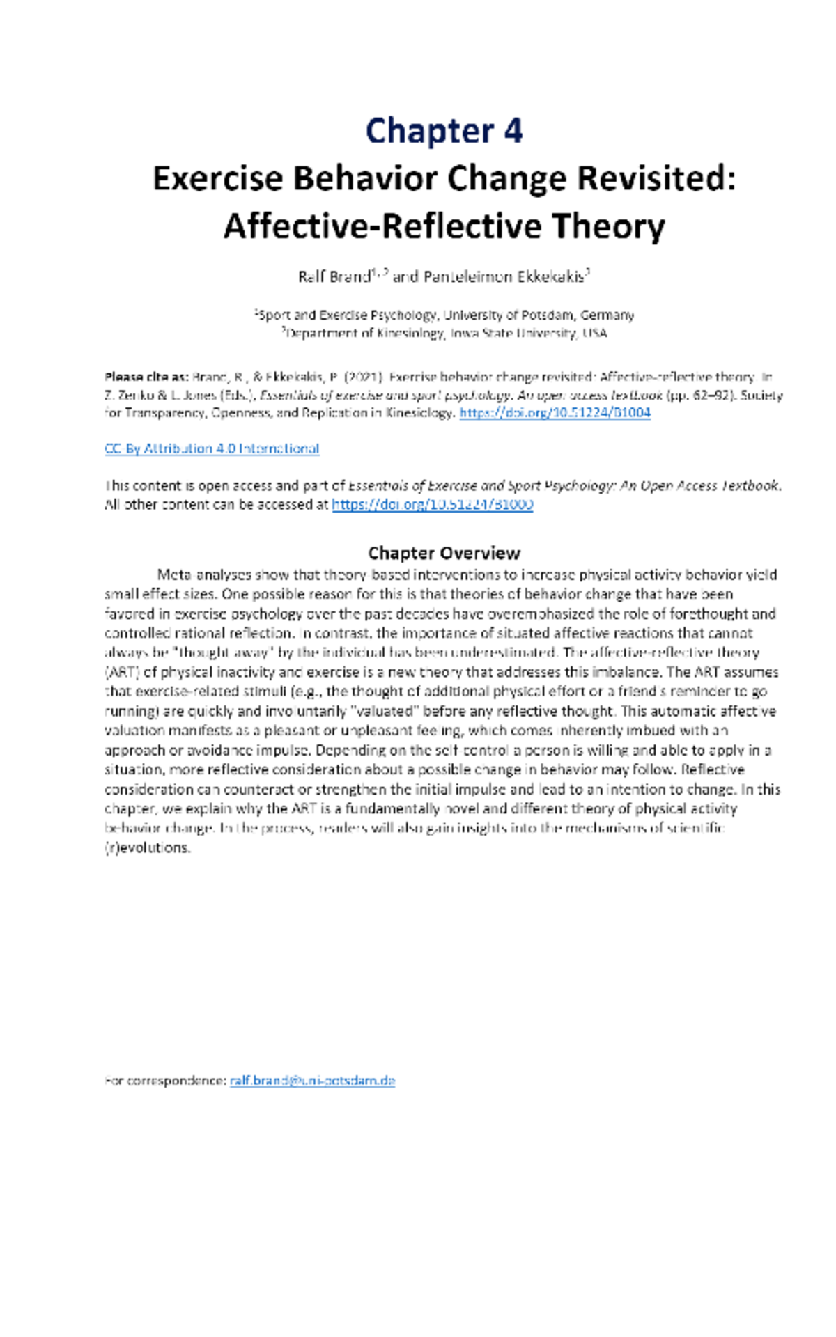 Chapter 4 - Exercise Behavior Change Theory Notes (PSY 101) - Studocu