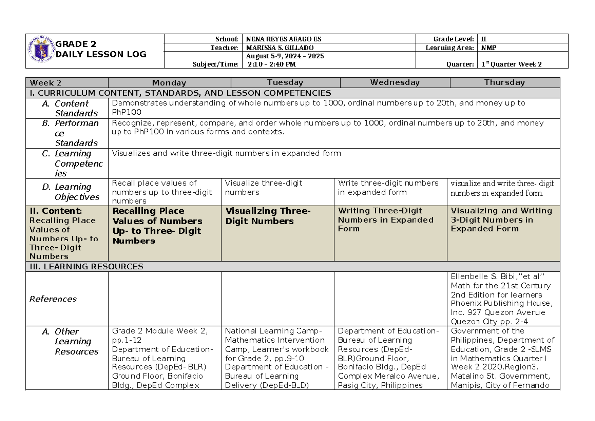 DLL NMP Q1 Week 2 - about national mathemATICS PROGRAM - GRADE 2 DAILY ...