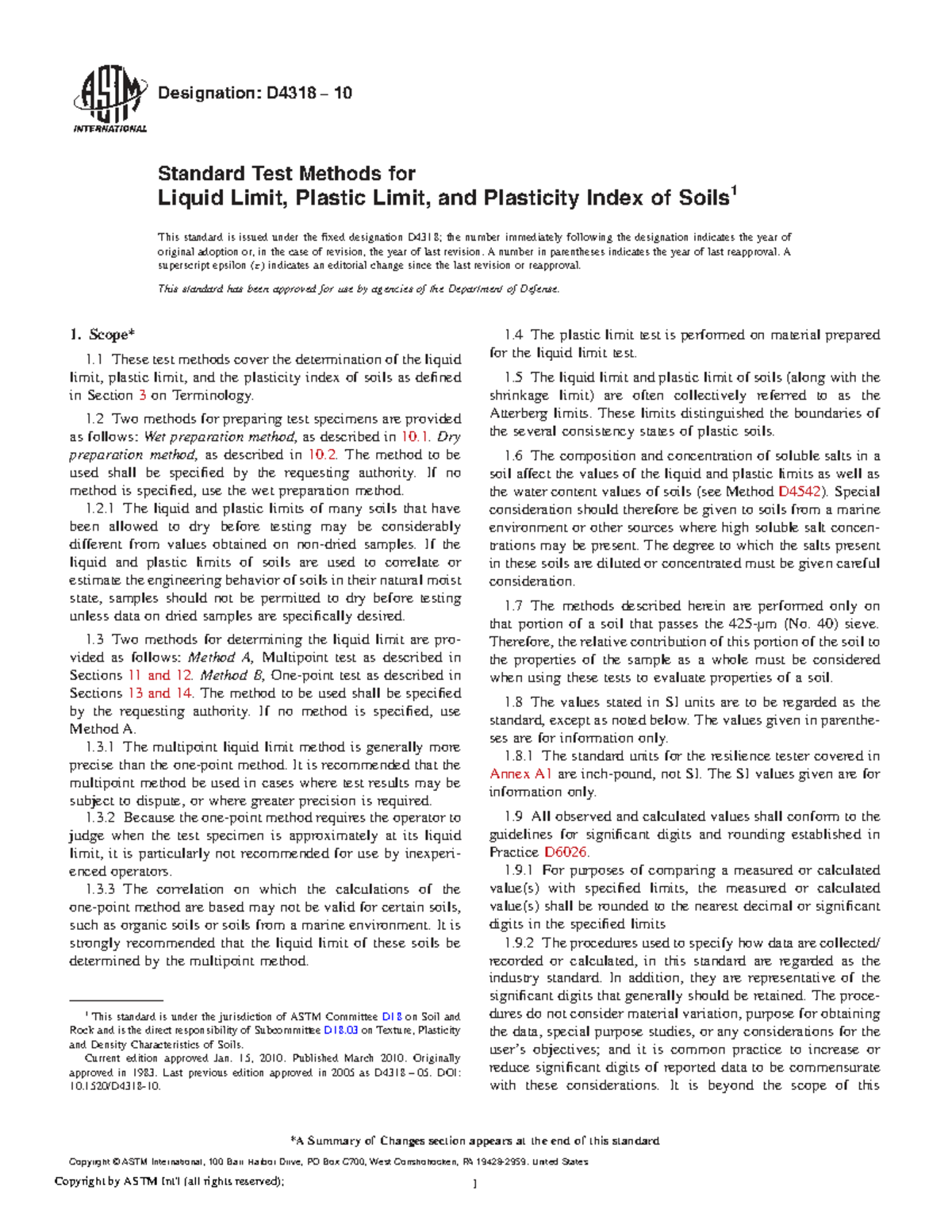 ASTM D4318-10: Standard Test Methods for Soil Plasticity Limits - Studocu