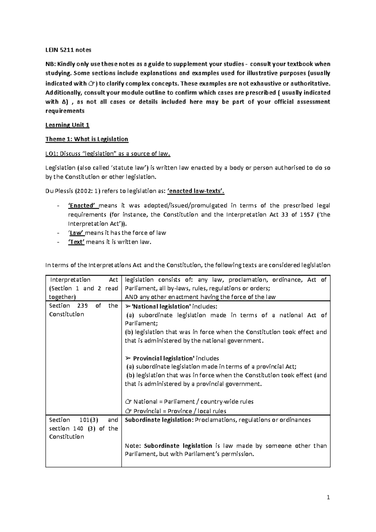 Legislation Study Notes: Key Principles and Applications - LEIN 5211 ...