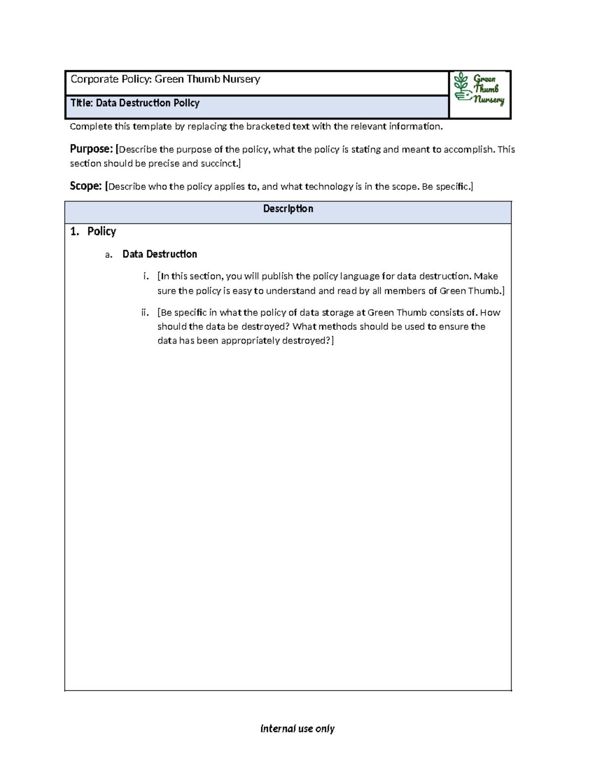 CYB 410 Project Two Milestone Two Data Destruction Policy Template ...