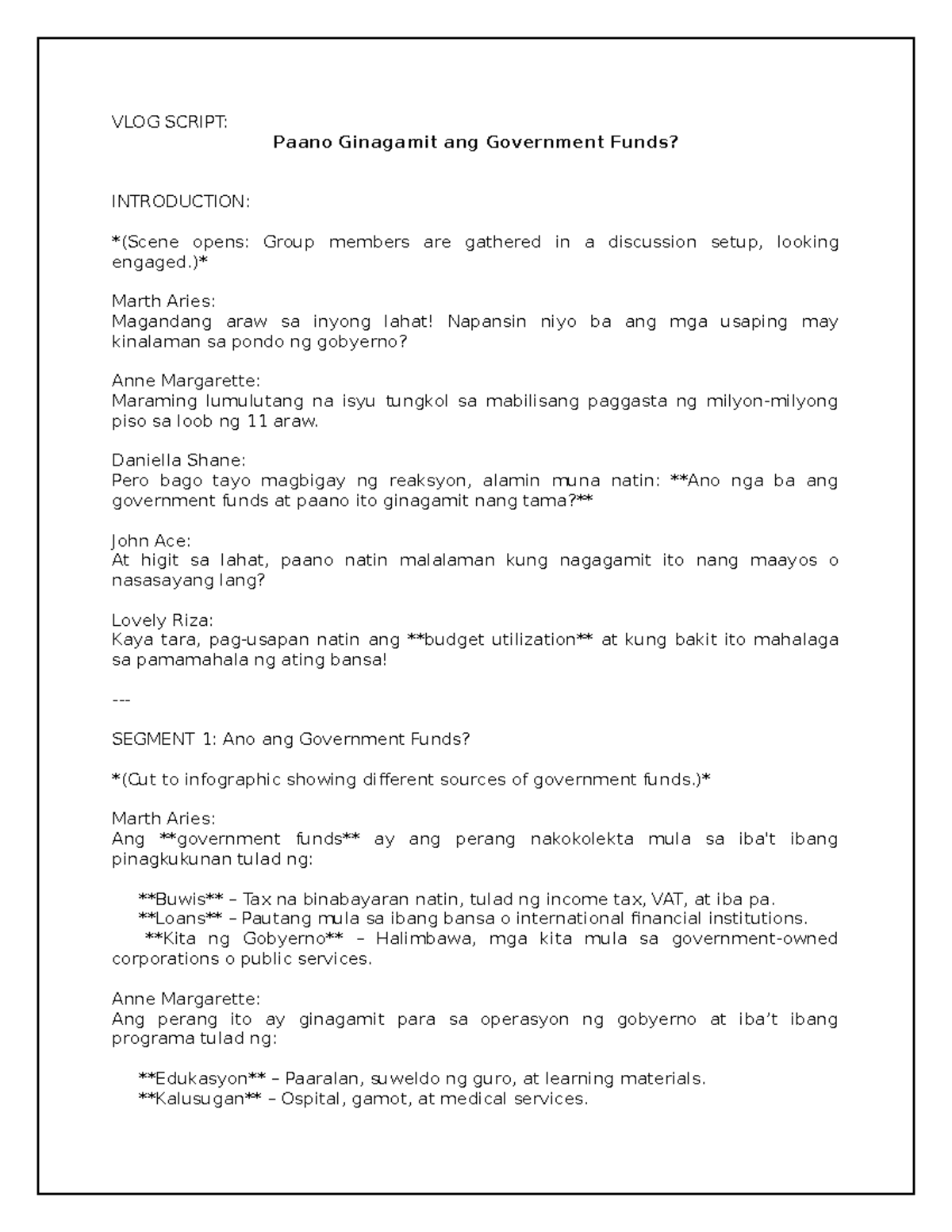 VLOG- Script - EWAN - VLOG SCRIPT: Paano Ginagamit ang Government Funds ...