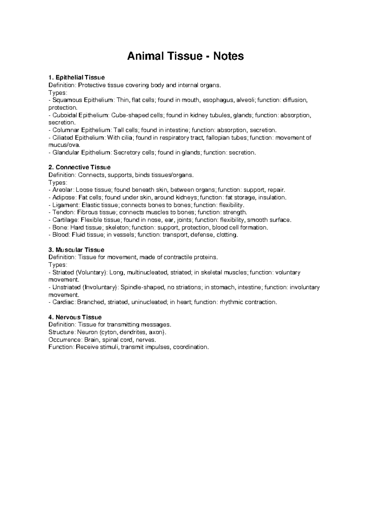 Animal Tissue Notes - Types and Functions Explained - Studocu