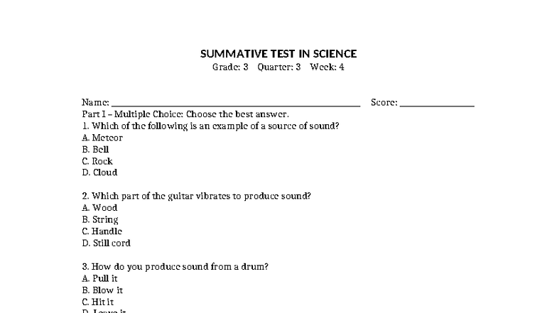 SUMMATIVE TEST IN SCIENCE GRADE 3 Q3 W4: SOUND CONCEPTS - Studocu