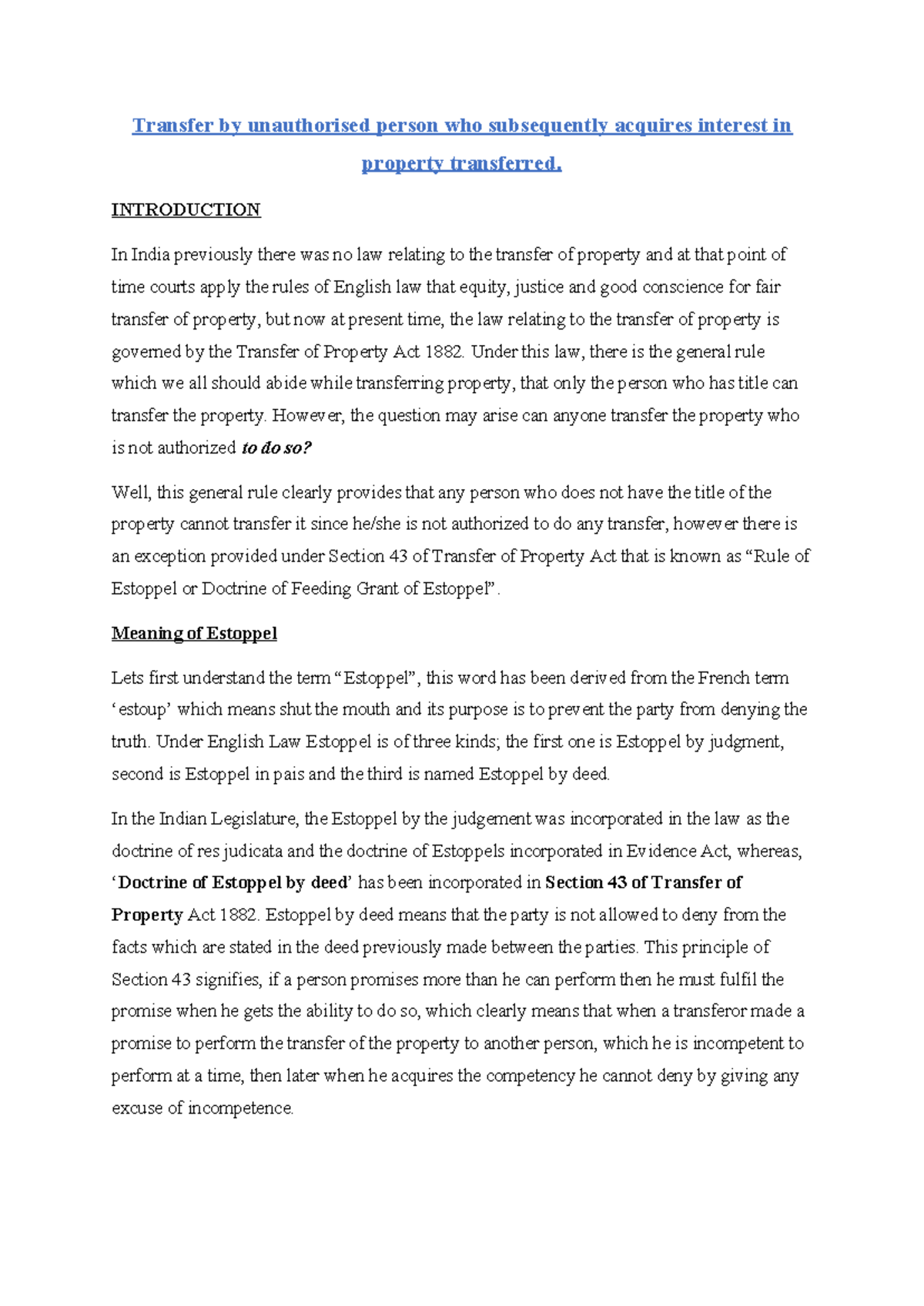 Section 43 of Transfer of Property Act: Unauthorized Transfers ...