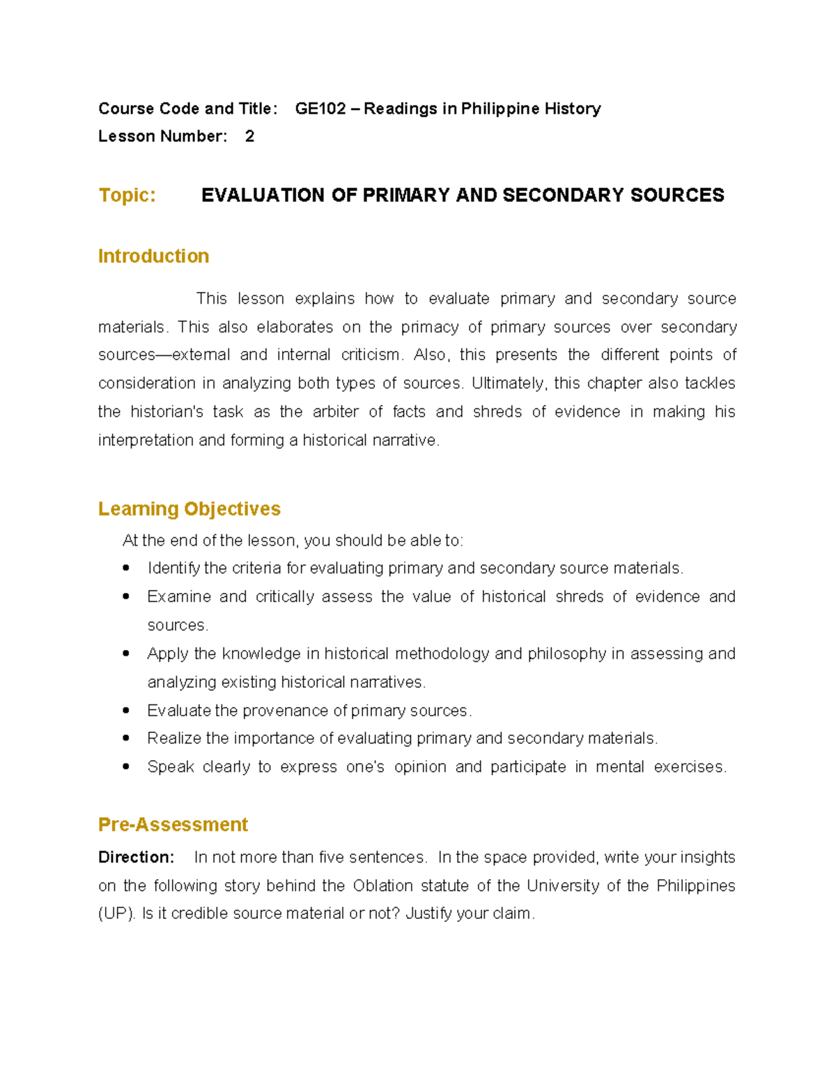 GE102 – Readings in Philippine History: Evaluating Sources Lesson 2 ...