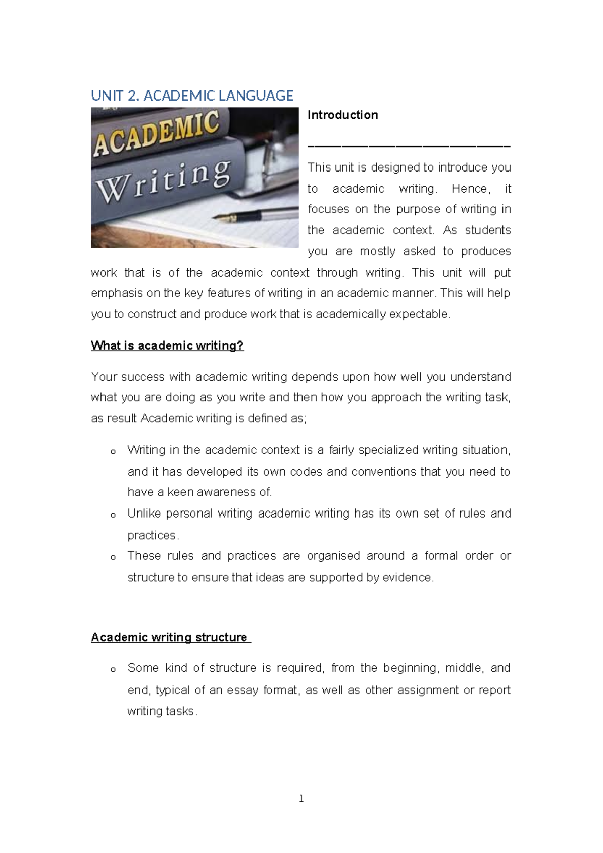 Academic Writing - Exam Study Notes (Unit 2 Overview) - Studocu