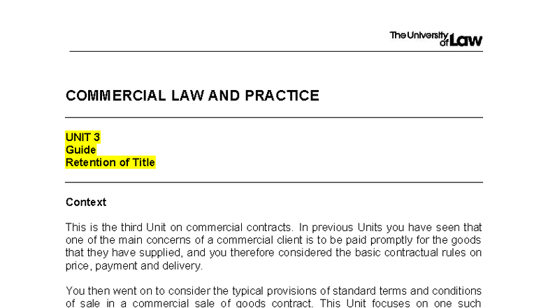 COMMERCIAL LAW AND PRACTICE UNIT 3 Guide: Retention of Title Clause ...