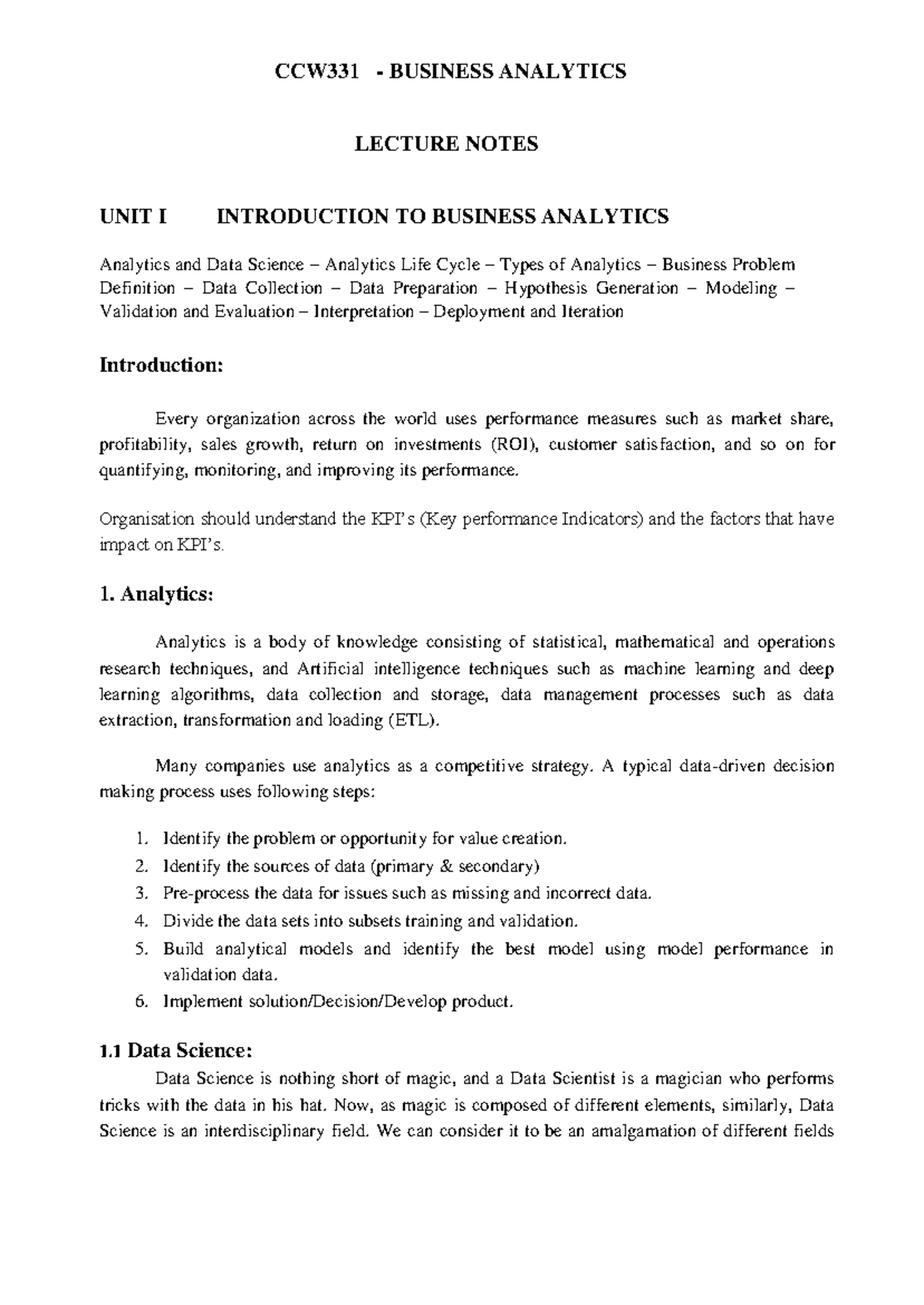 CCW331 BUSINESS ANALYTICS LECTURE NOTES: UNIT I OVERVIEW OF ANALYTICS ...