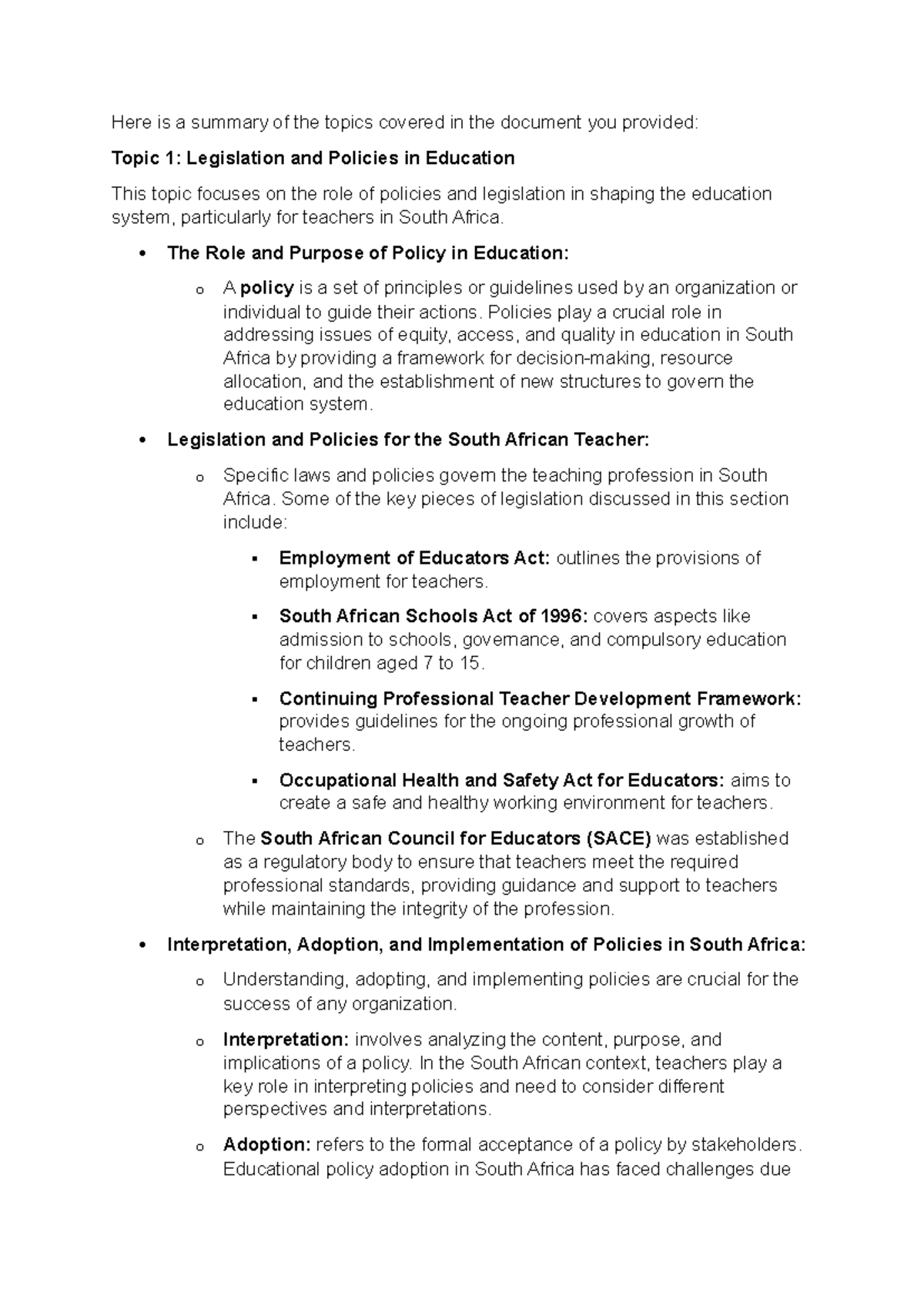Summary of Stadio Study Guide: Key Topics in Education Policy and ...