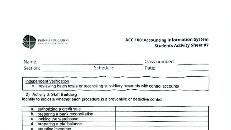 PHINMA EDUCATION ACC 100: Accounting Info System Activity Sheet - Studocu