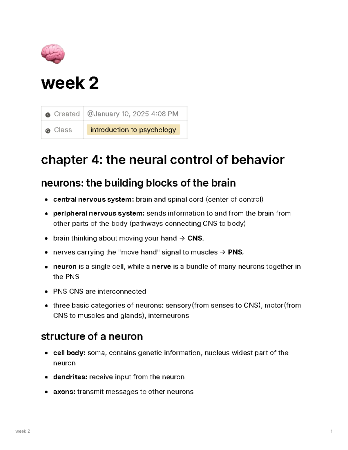 Intro to Psych (PSY101) Week 2: Neural Control of Behavior Summary ...