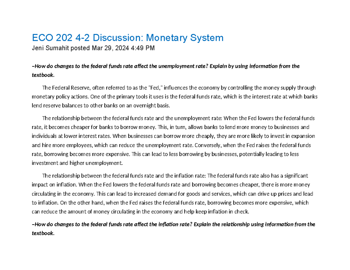 ECO 202 4-2 Discussion on How Federal Funds Rate Influences Economy - Studocu