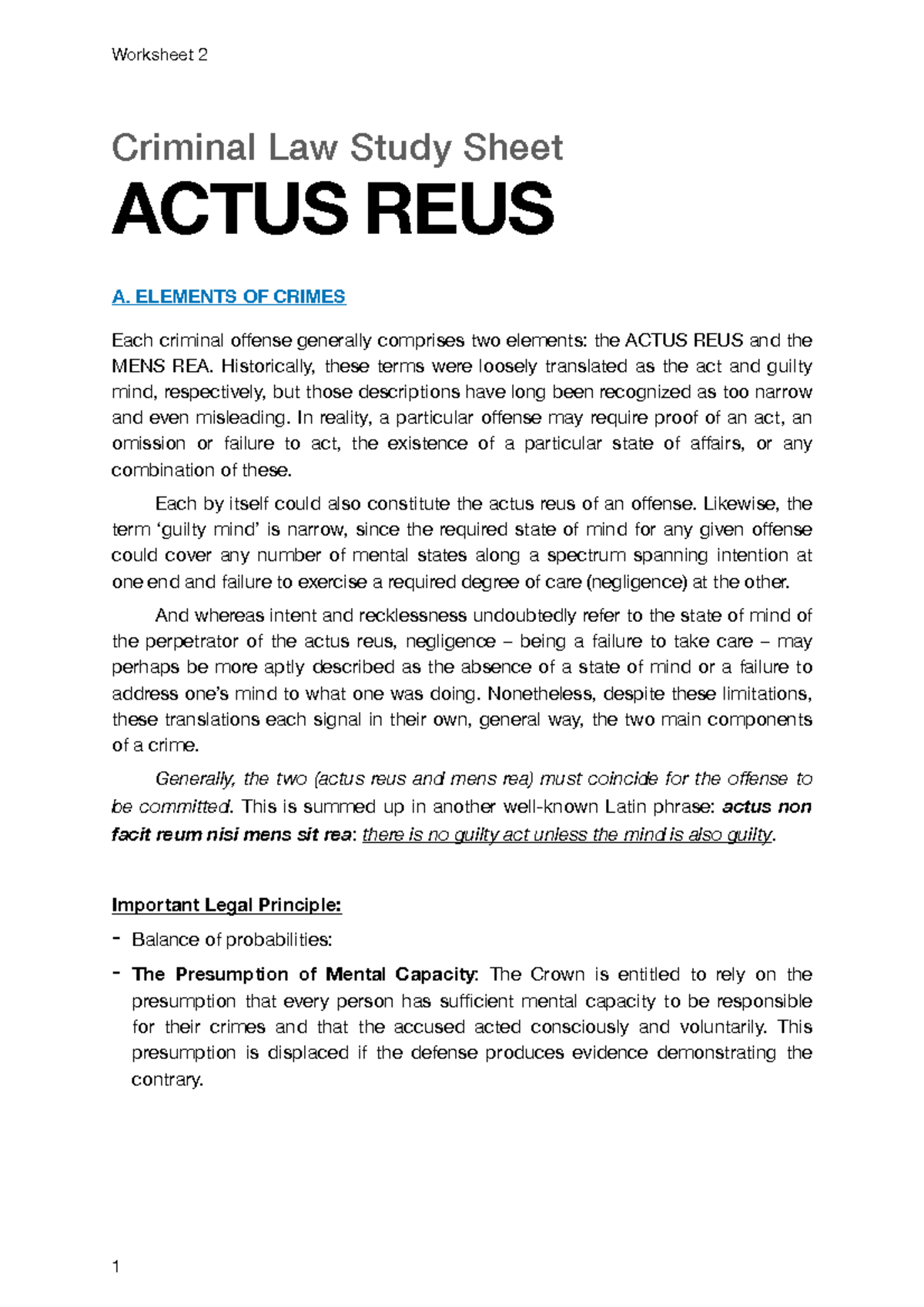 Actus Reus Study Sheet for Criminal Law (Worksheet 2) - Studocu