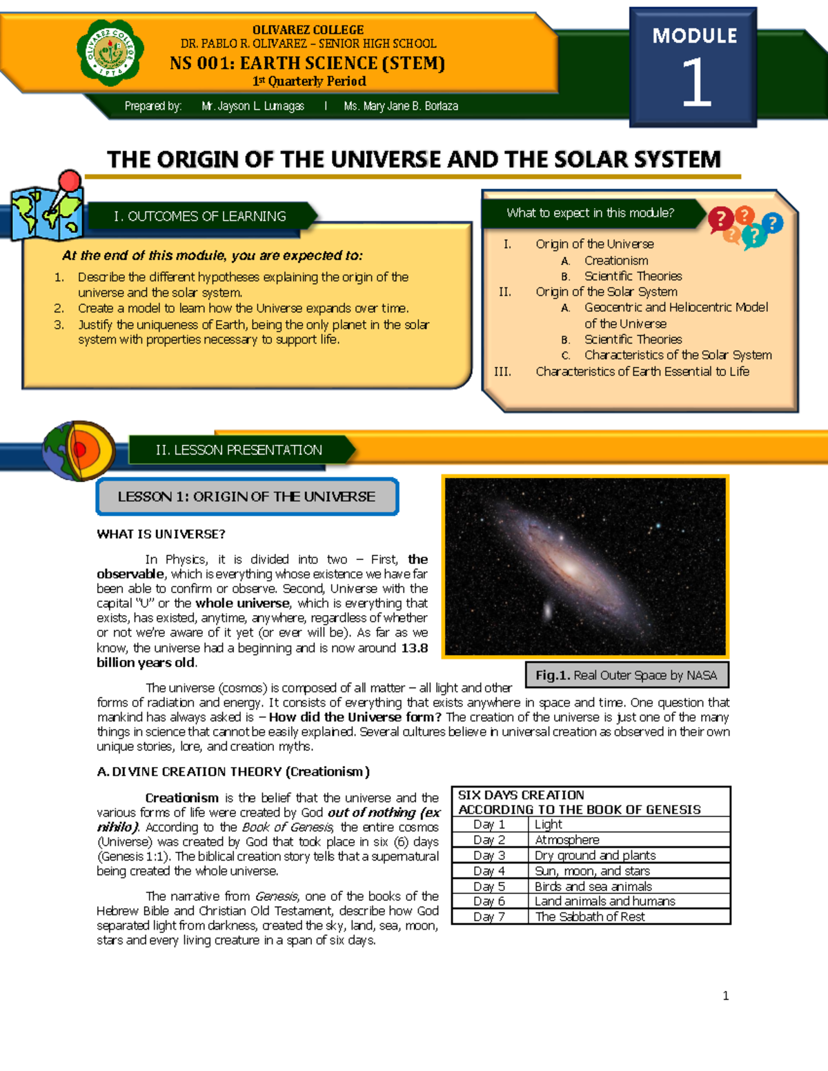 NS001 (STEM) Module 1 Origin of the Universe & the Solar System - DR ...