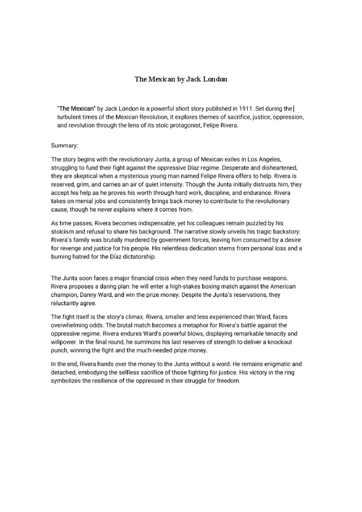 The Mexican by Jack London: Summary & Analysis AEC Commerce SEM2 - Studocu