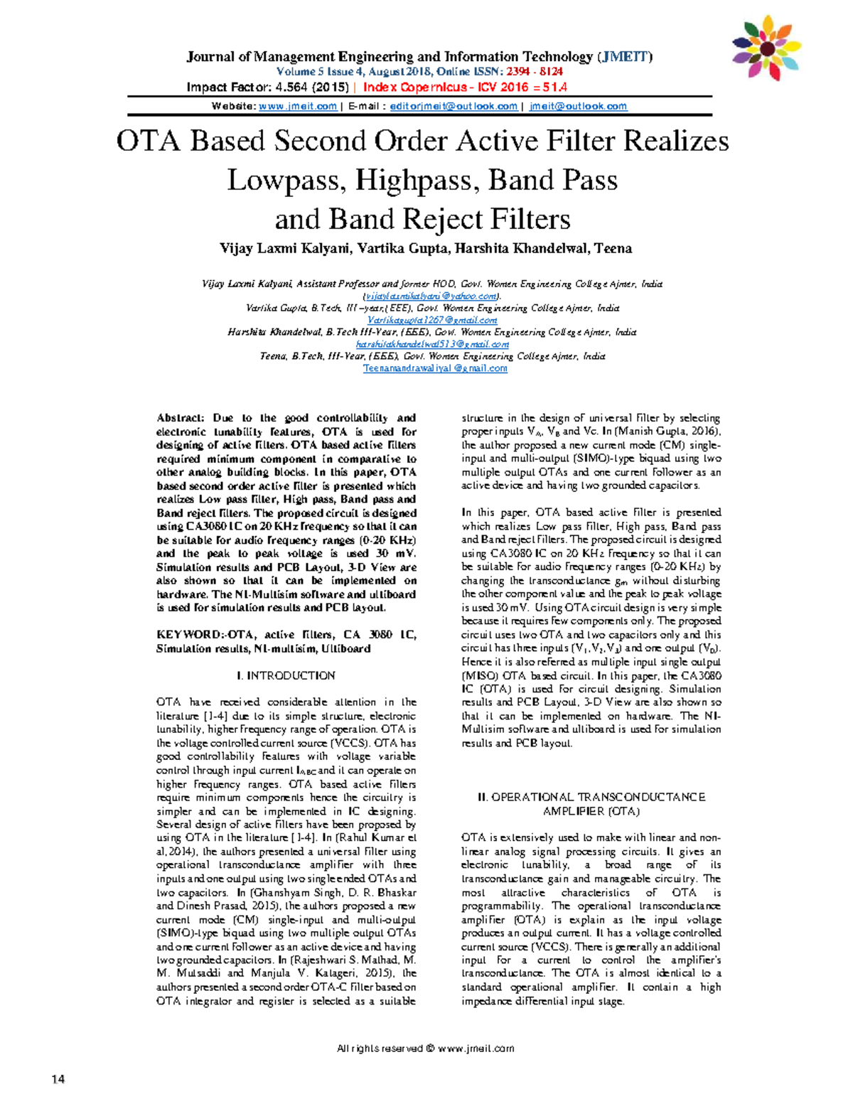 OTA Based Second Order Active Filter: Design & Simulation Results - Studocu