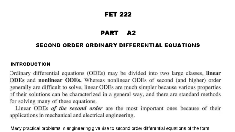 FET 222 A2 Second Order Ordinary Differential Equations Overview - Studocu
