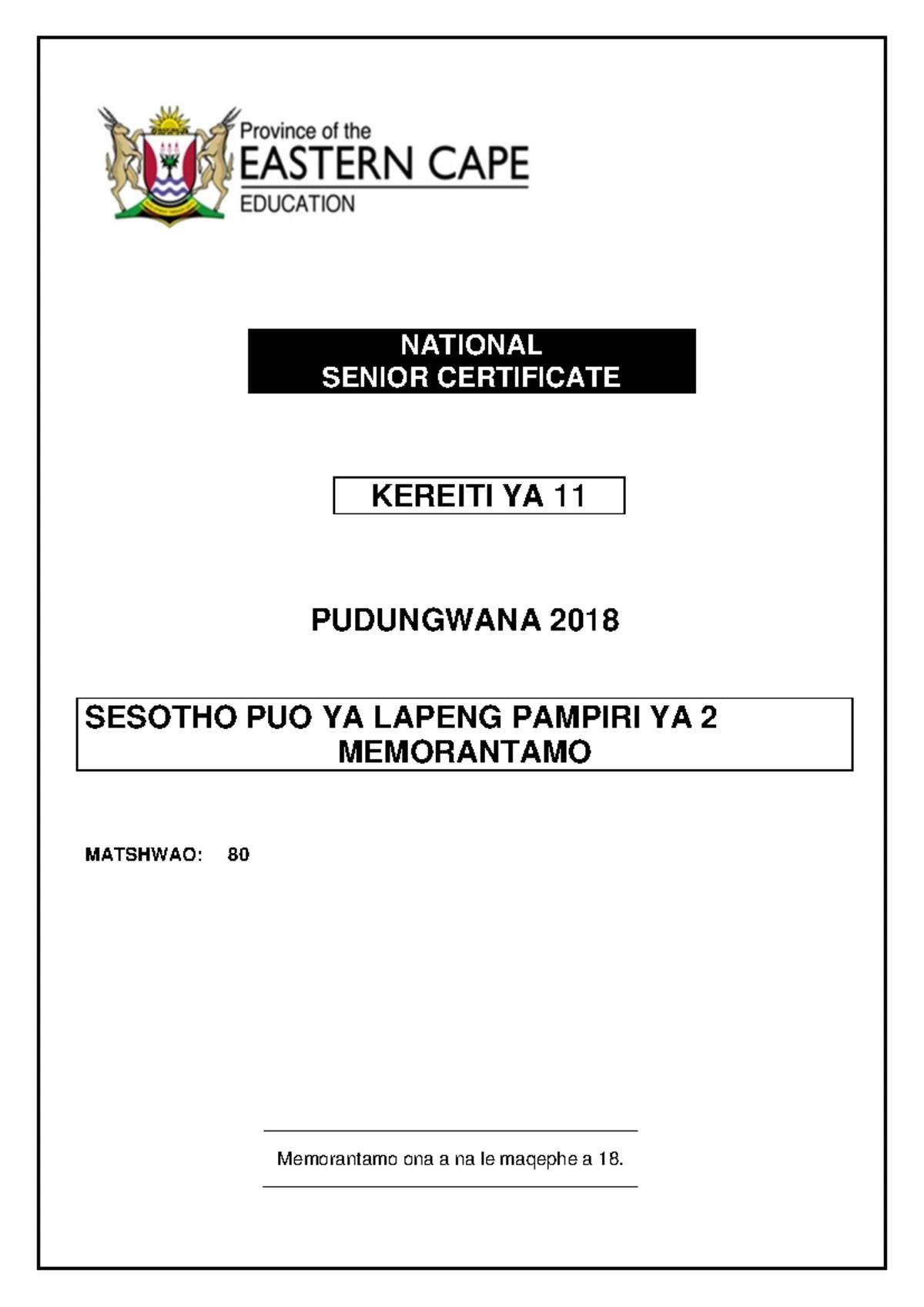 Sesotho HL P2 Gr11 Final Exam Memo - November 2018 Analysis - Studocu