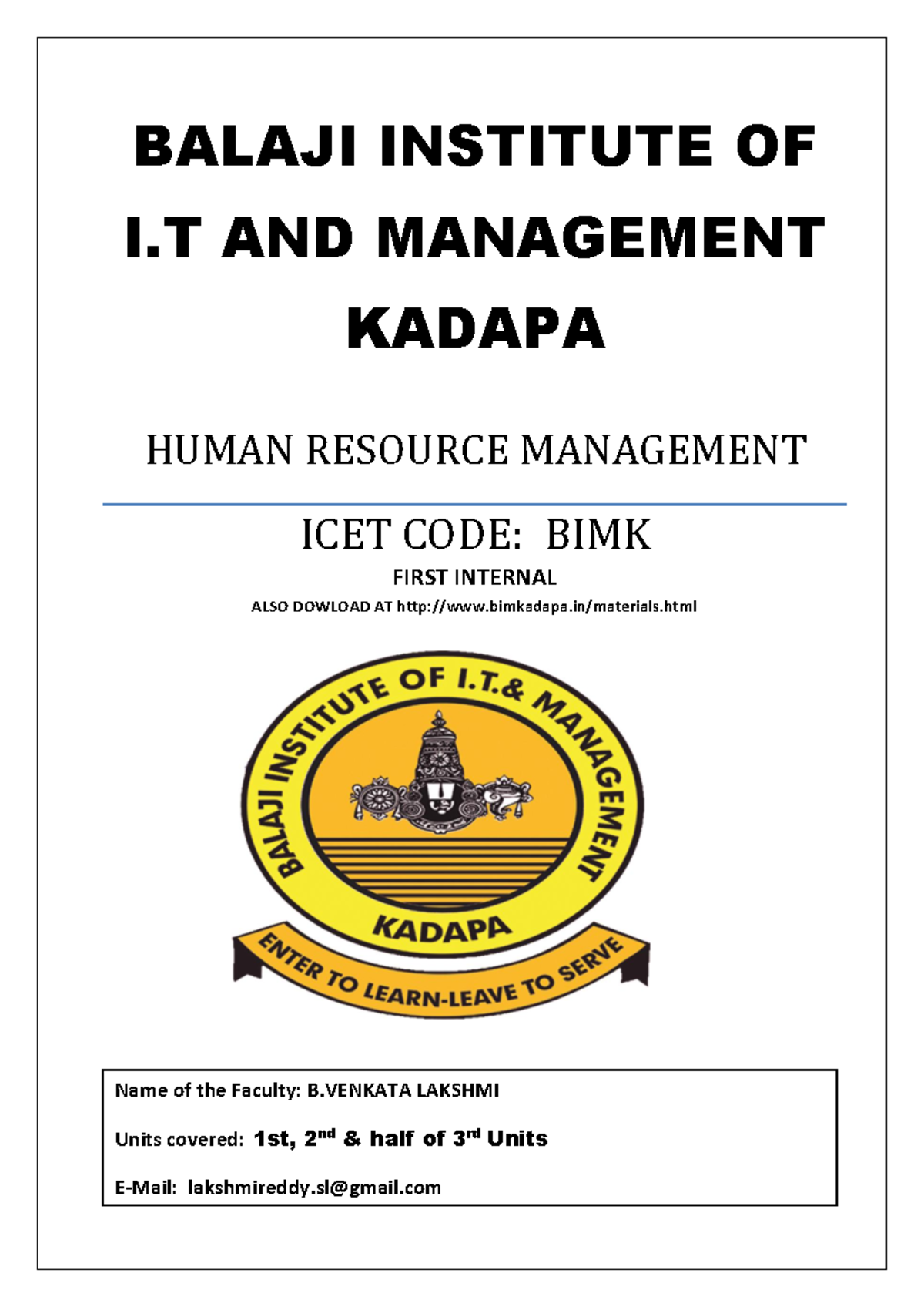 HRM Study Notes for ICET BIMK: First Internal Exam Insights - Studocu