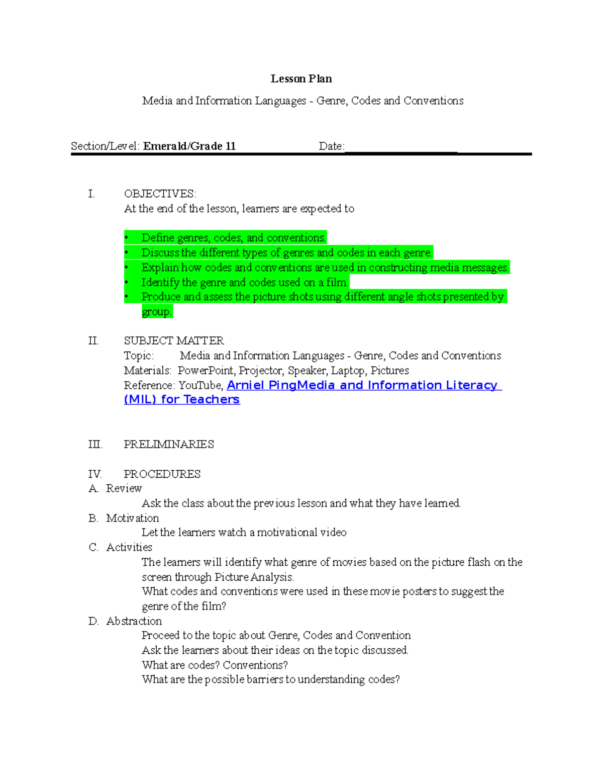 Lesson Plan - Lesson Plan Media and Information Languages - Genre ...