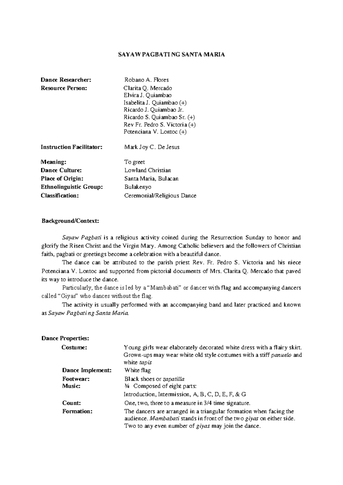 Sayaw Pagbati ng Santa Maria: Dance Research Notes - Studocu