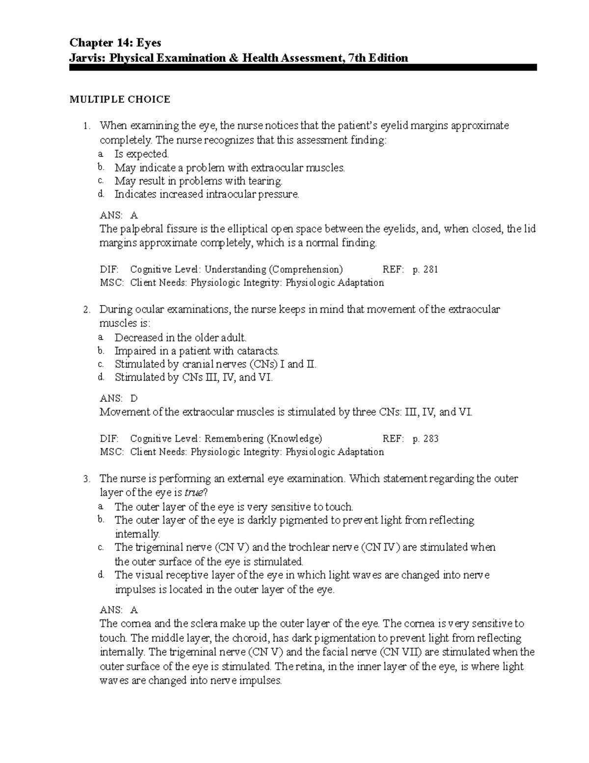 Chapter 14: Essential Practice Questions on Ocular Assessment - Studocu