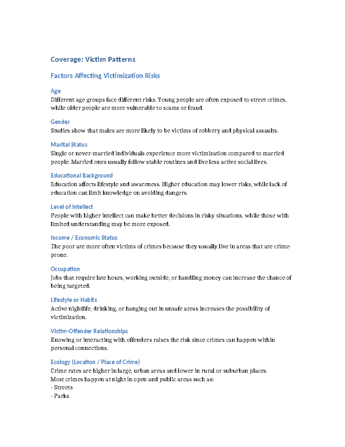 Coverage: Victim Patterns and Factors Influencing Risks - Studocu