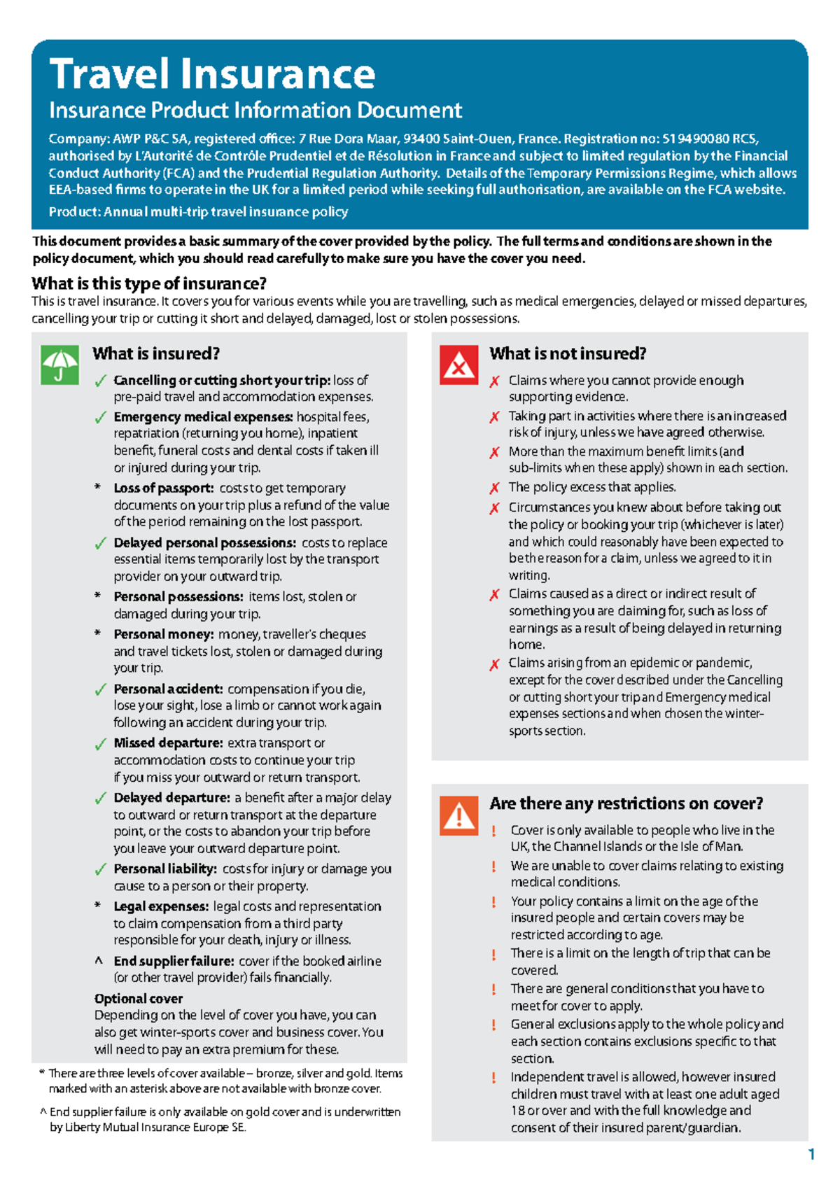 Travel Insurance Product Info Document: 7363TVL 1221 B2CUK AMT - Studocu