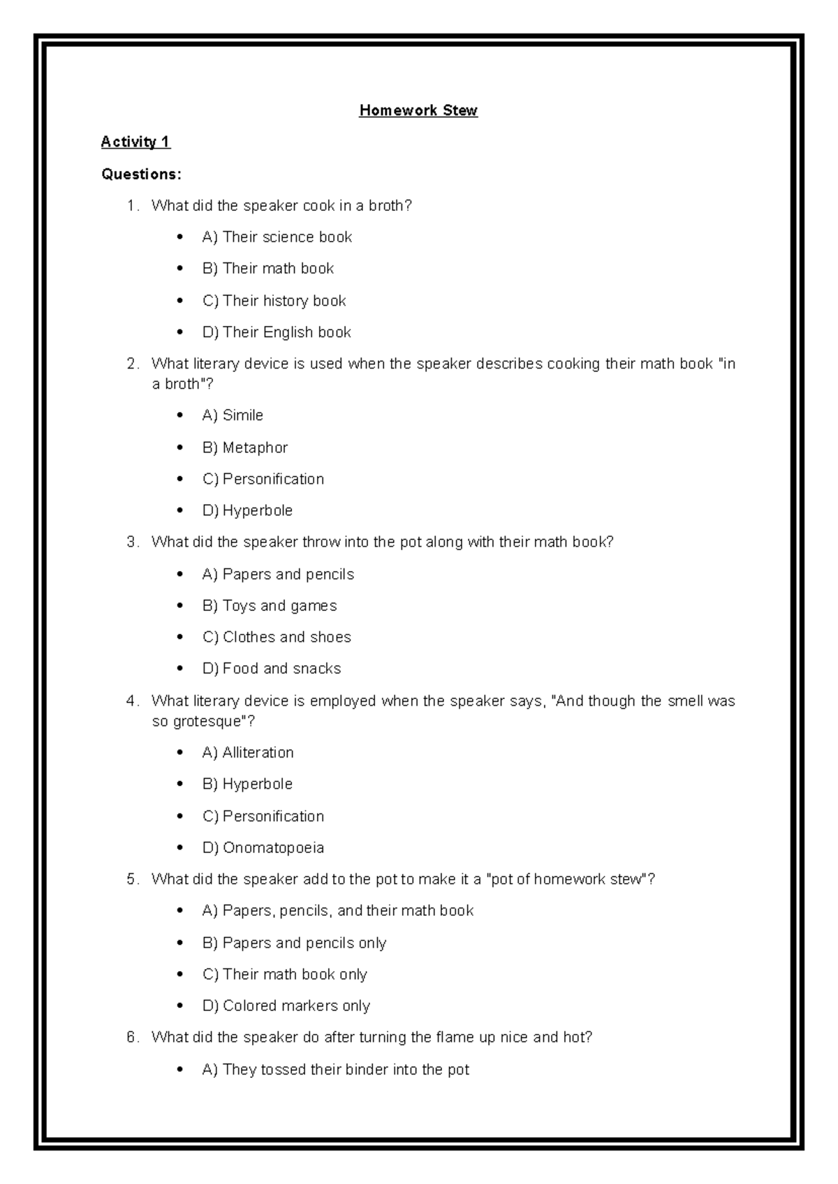 Homework Stew Activity 1: Questions & Literary Devices - Studocu