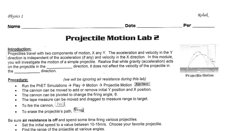 Physics 1 Lab 2: Exploring Projectile Motion with PhET Simulations - Studocu