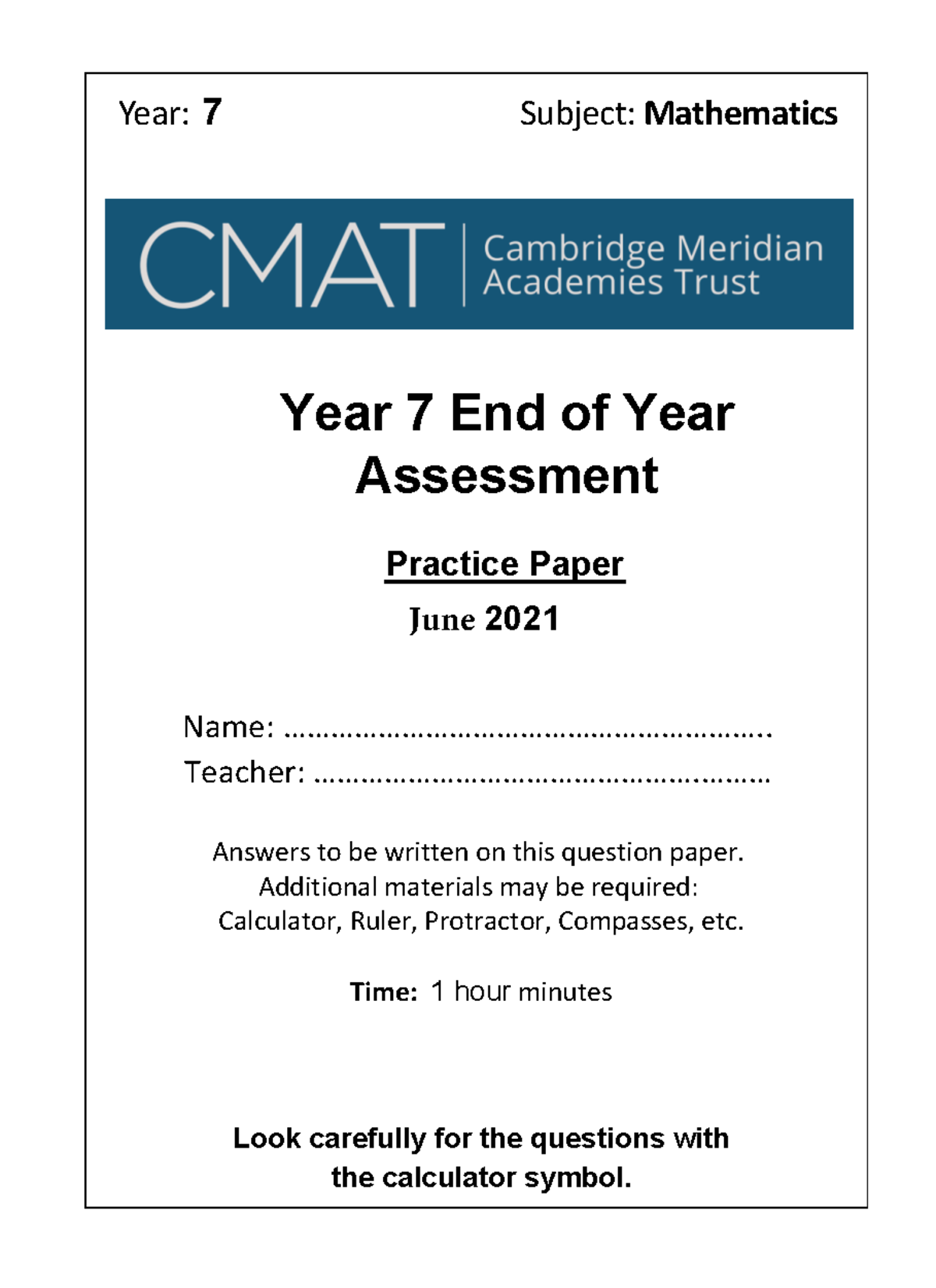 Year 7 Mathematics EOY Practice Paper - June 2021 - Studocu