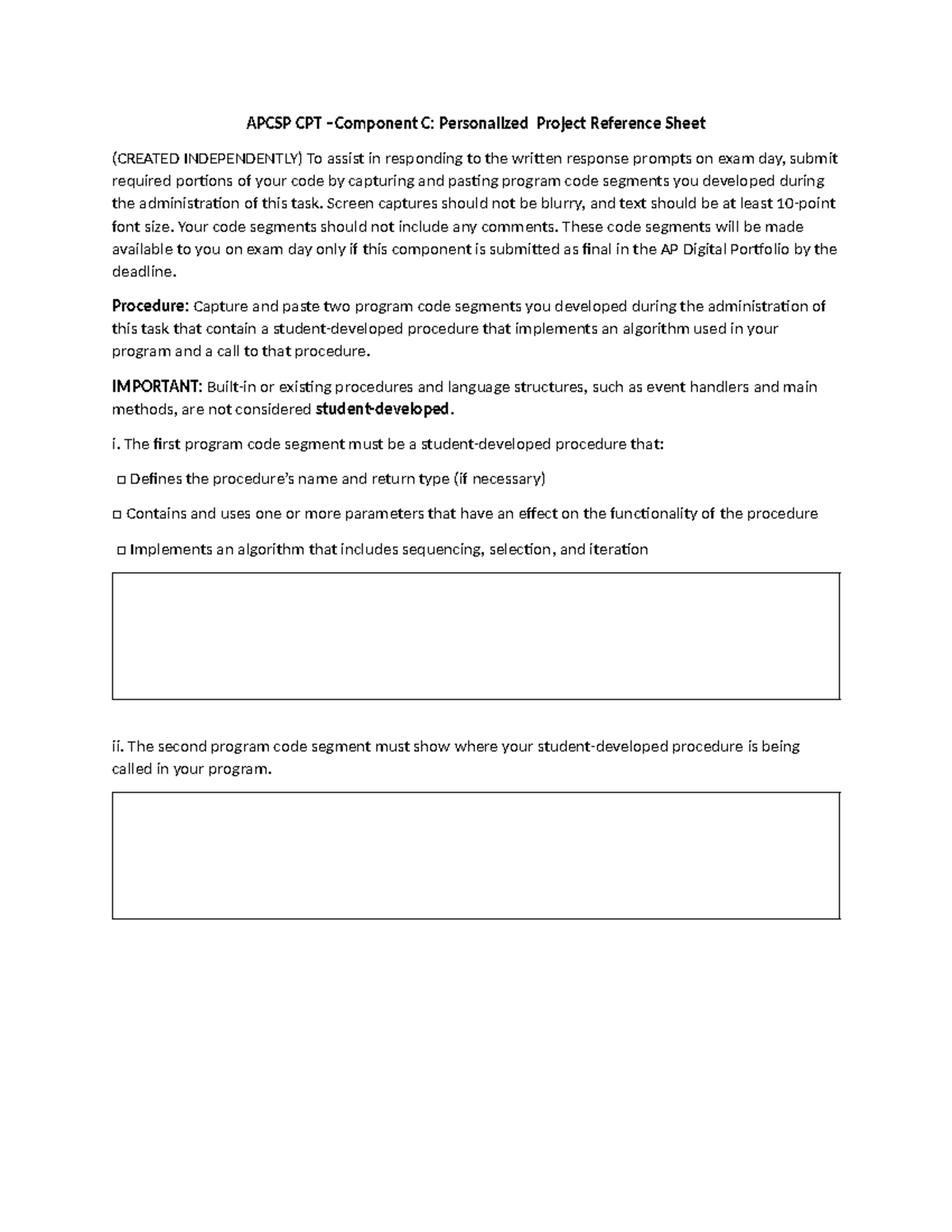 APCSP CPT C: Personalized Project Code Segment Guide - Studocu