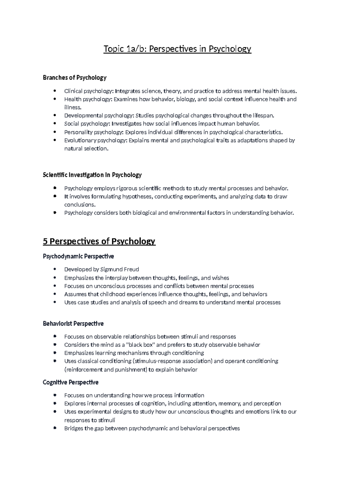 Psychology Perspectives Overview: Branches & Theories for PSY101 - Studocu