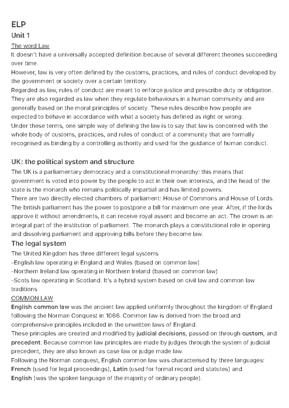 ELP Unit 1: Understanding Law and the UK Legal System - Studocu