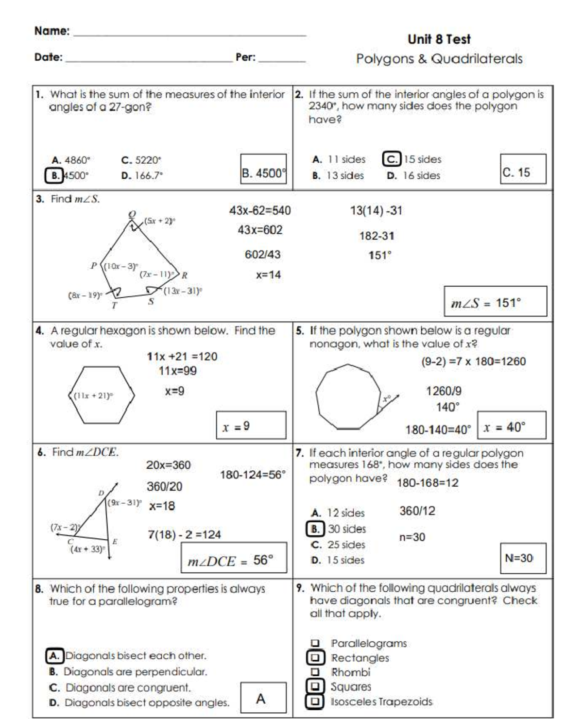 Unit 8 Test: Polygons & Quadrilaterals Review - Studocu