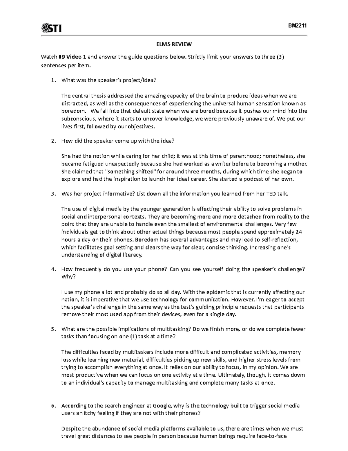 09 eLMS Review 1 - Insights from TED Talk on Digital Distraction - Studocu