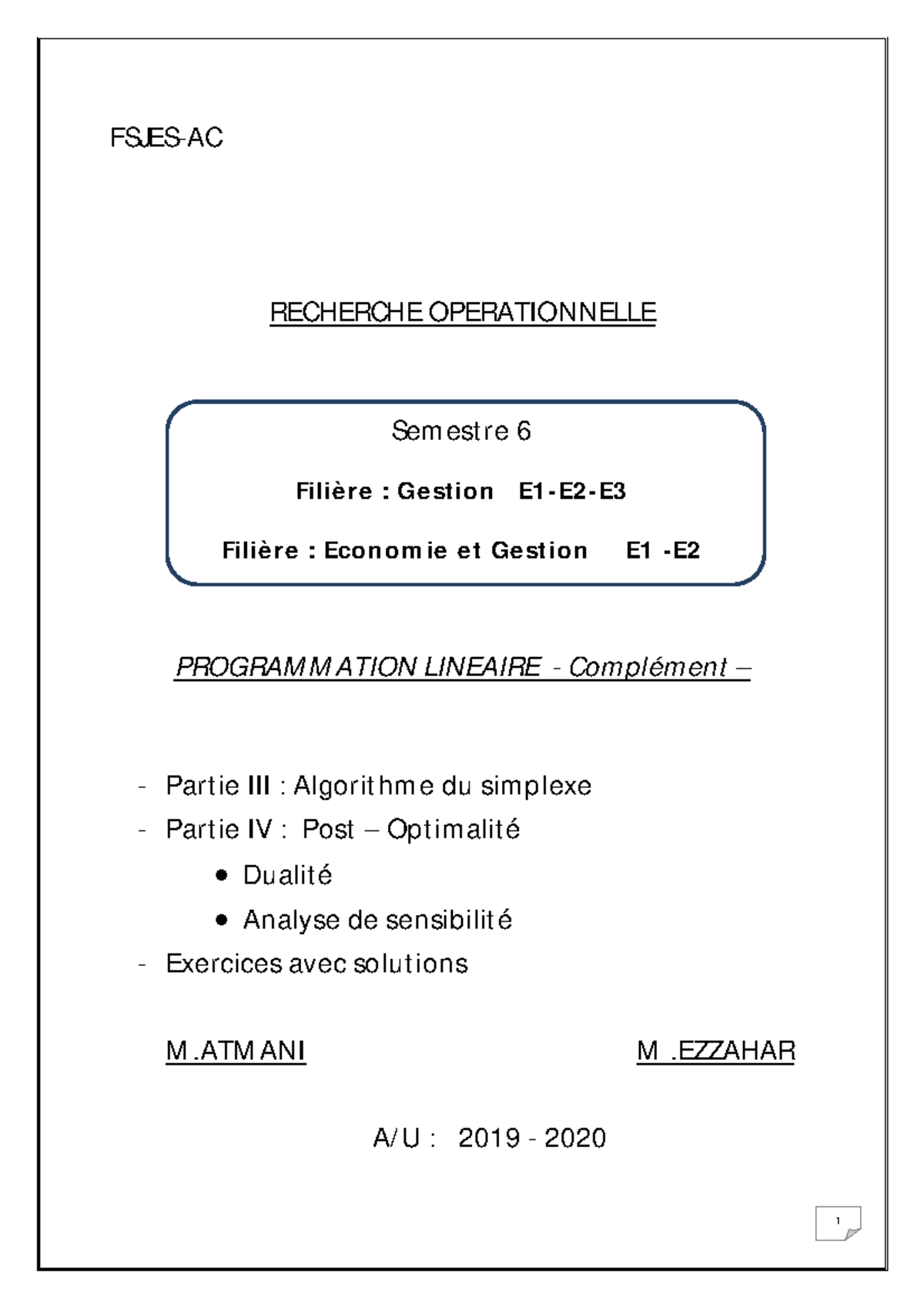 Cours RO E1: Programmation Linéaire et Méthode du Simplexe S6 - Atmani ...