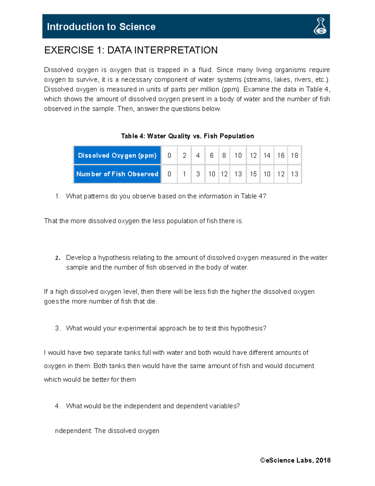 Lab1 - Lab 1 - EXERCISE 1: DATA INTERPRETATION Dissolved oxygen is oxygen that is trapped in a ...