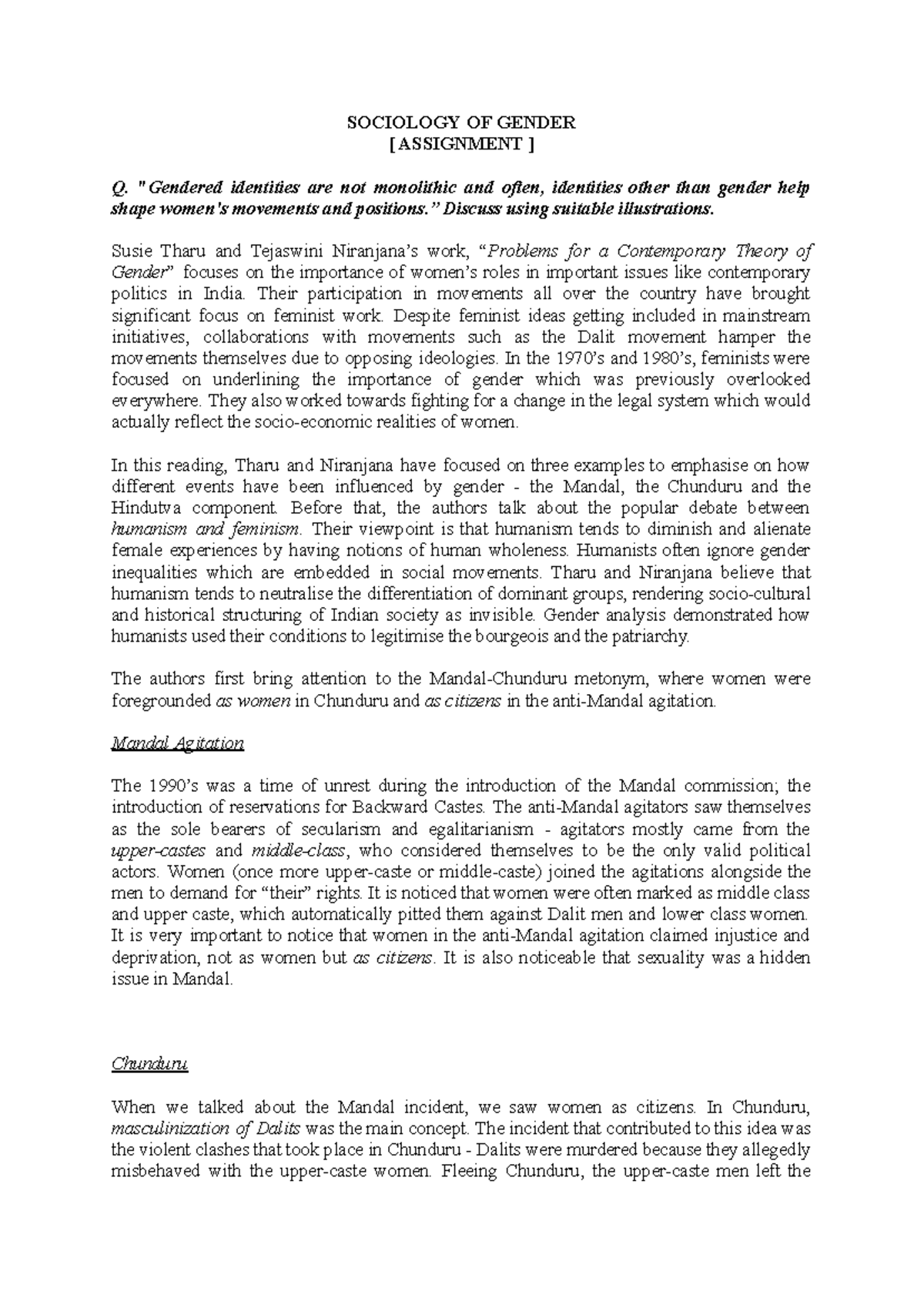 SOCIOLOGY OF GENDER ASSIGNMENT: Analyzing Feminist Movements in India ...