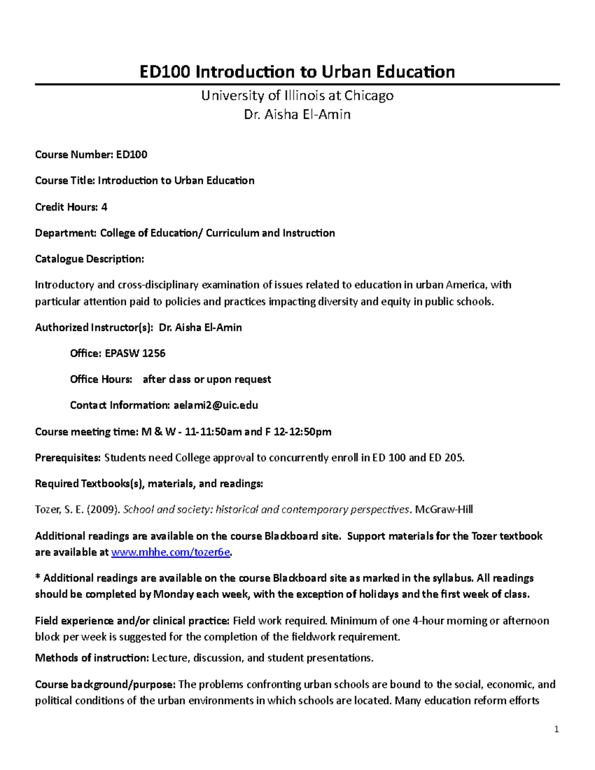 Introduction to Urban Education - ED100 Introduction to Urban Education ...