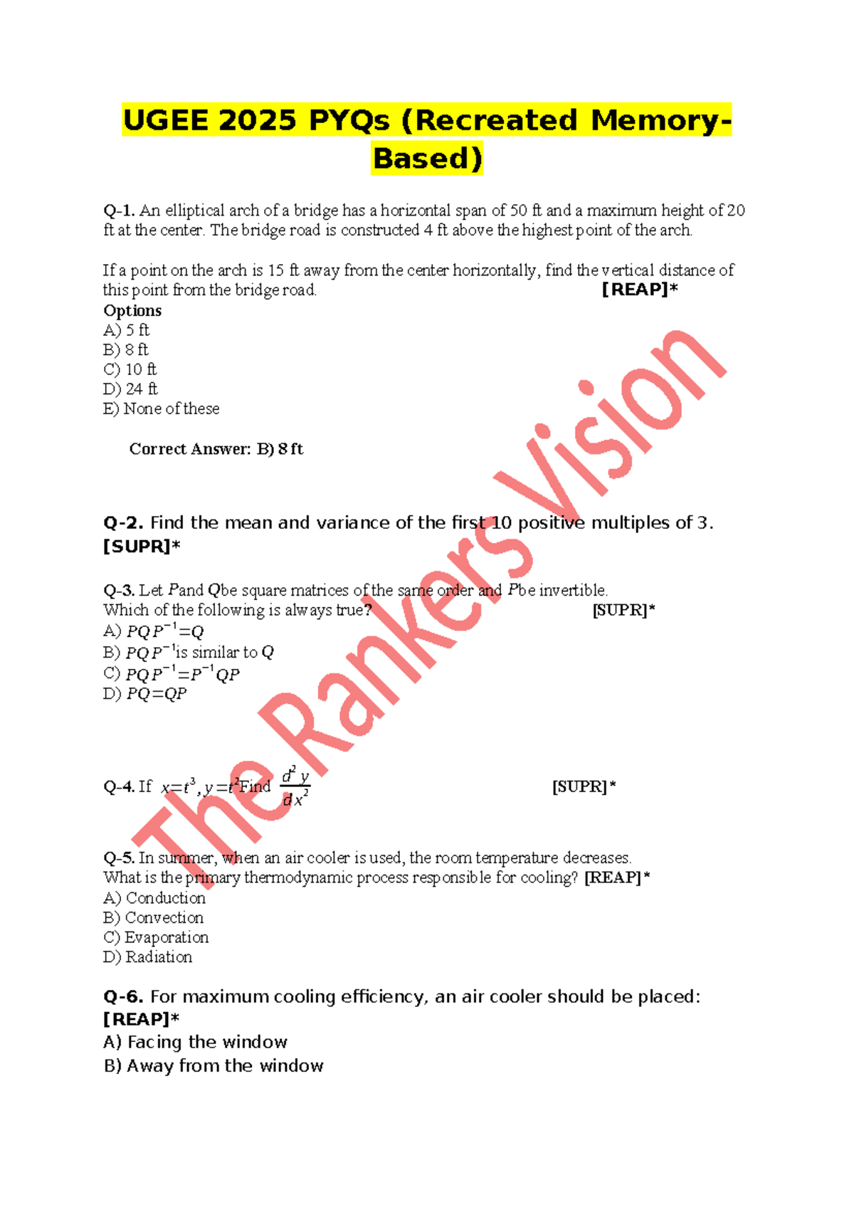 UGEE 2025 PYQs (Memory Based) - Comprehensive Problem Set - Studocu