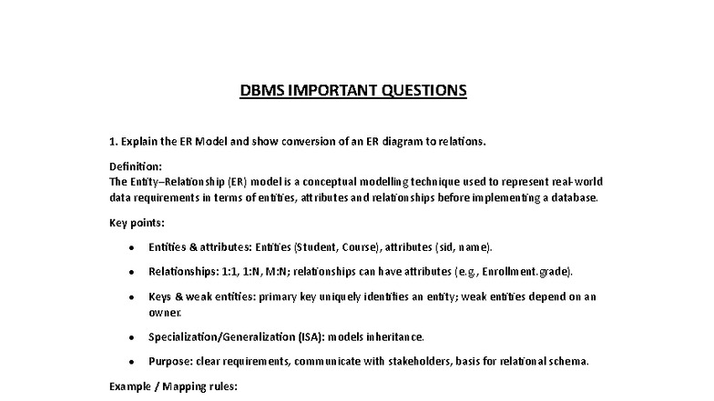 DBMS Notes - Important Concepts and Key Questions for Exam - Studocu