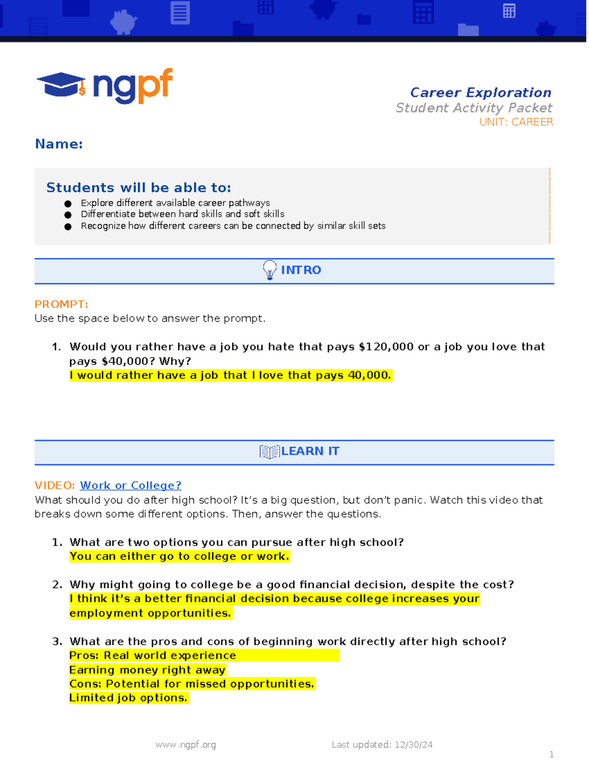 Career Exploration Student Activity Packet - Career Exploration Student ...
